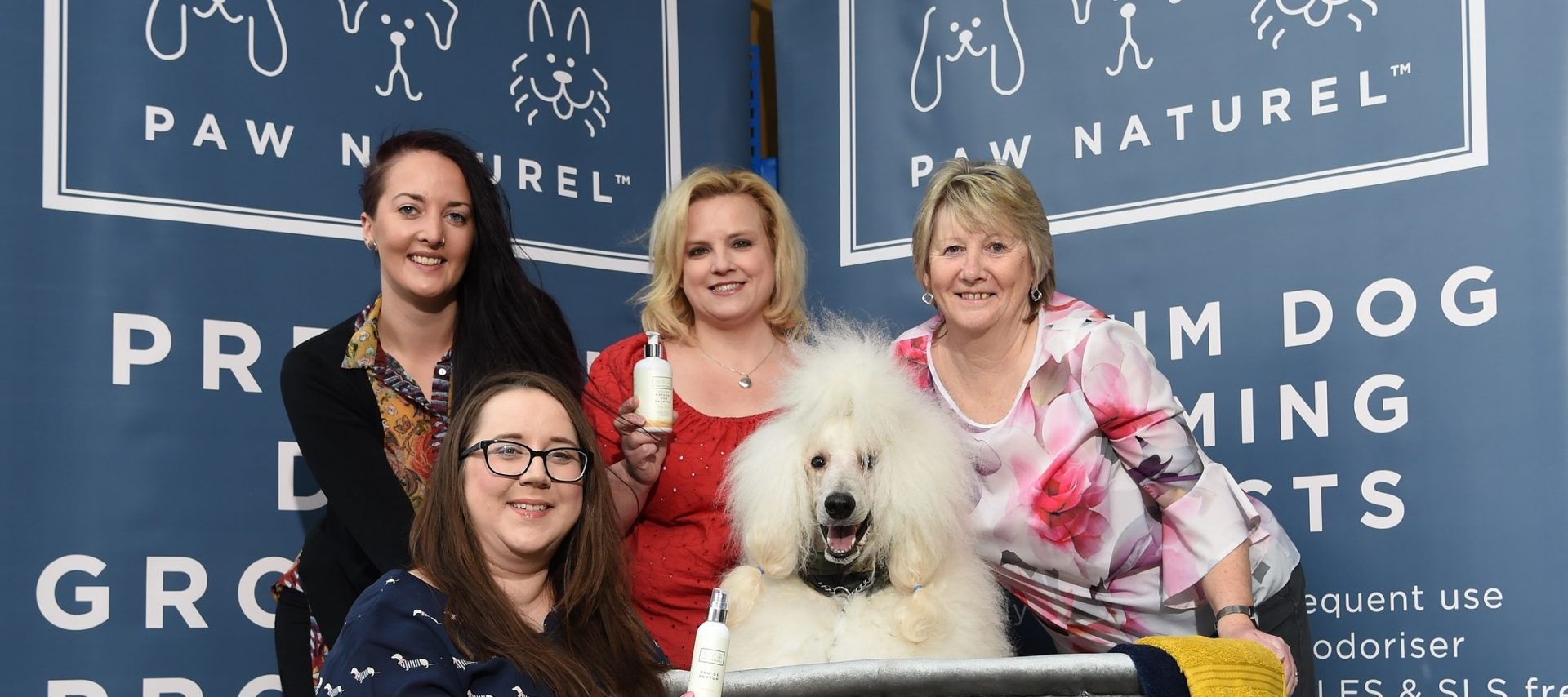 Paw Naturel Angela Pinder with Poodle Dougal and team l-r Bee Hesketh ...